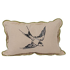 Creative Co-Op 14 Inches Cotton Chambray Printed Lumbar Bird, Embroidery, Patterned Back and Scalloped Edge, Multicolored Pillow, Natural