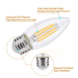 KINUR E26 Candelabra led Light Bulbs 4 Watt (40 Watt Equivalent) LED Chandelier Light Bulbs 2700K Warm White Decorative Candle Light Bulb Ceiling Fan Bulb Non-Dimmable Glows in thedark 4Pack