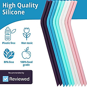 Bent Reusable Silicone Straws (Set of 10) and Cleaning Brush - Flexible, Long, Color Bendy Straws - For 20oz-32oz Tumblers & 30oz Smoothie Cups - Dishwasher Safe, Kid Friendly, and Easy to Clean