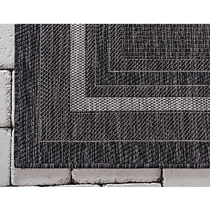 Unique Loom Outdoor Border Collection Area Rug - Soft Border (7' 1" x 10' Rectangle, Black/ Ivory)