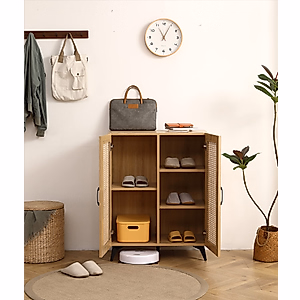 ZLECTIO Shoe Cabinet for Entryway, Rattan Shoe Storage with Double-Door, 2.95 Inch Shoe Rack for Hallway Living Room Bedroom Apartment