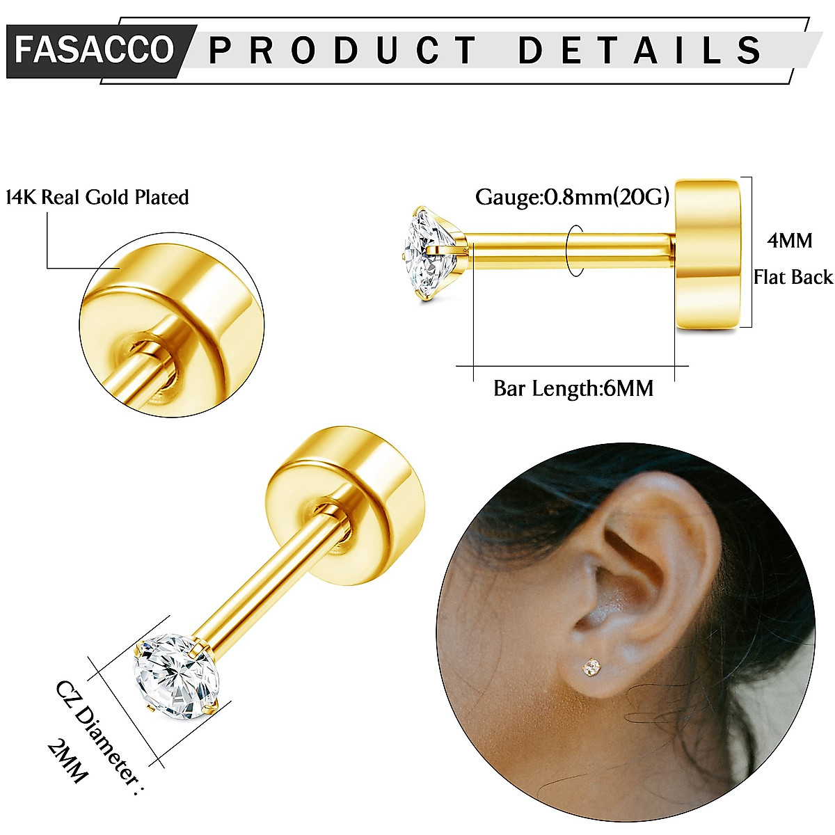 FASACCO 12 Pairs 14K Flat Back Earrings 20G Cartilage Earring Stud Tiny 2MM Flat Back Stud Earrings