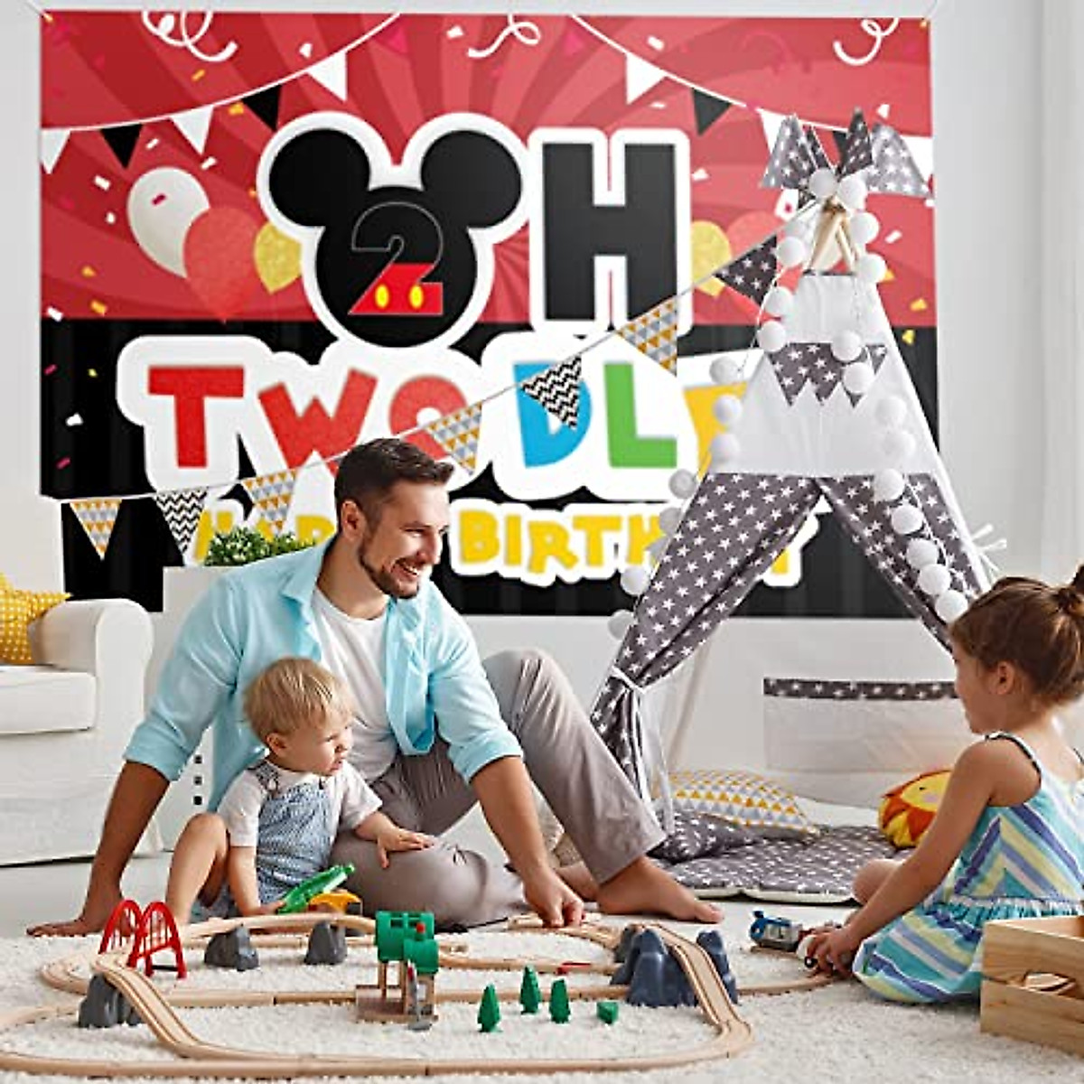 Oh Twodles Backdrop Banner Red and Black Cartoon Happy 2nd Birthday Theme Party Decorations Cheer to Two Years Old Photography Background Supplies for Boys Girls