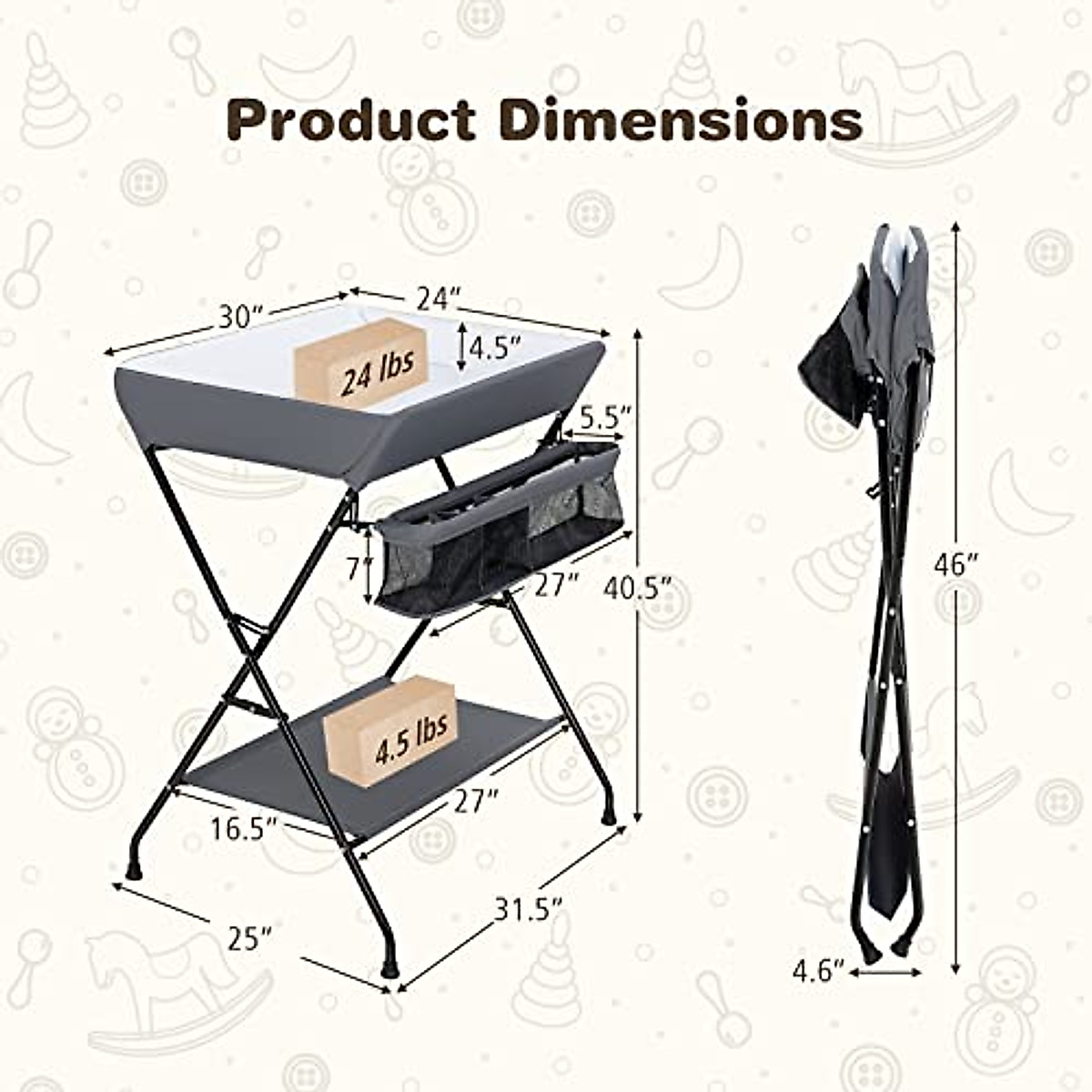 Costzon Changing Table, Portable Baby Changing Table Foldable Diaper Changing Station with Safety Belt, Large Storage Rack & Shelf, Nursery Organizer for Newborn Infant (Dark Gray)