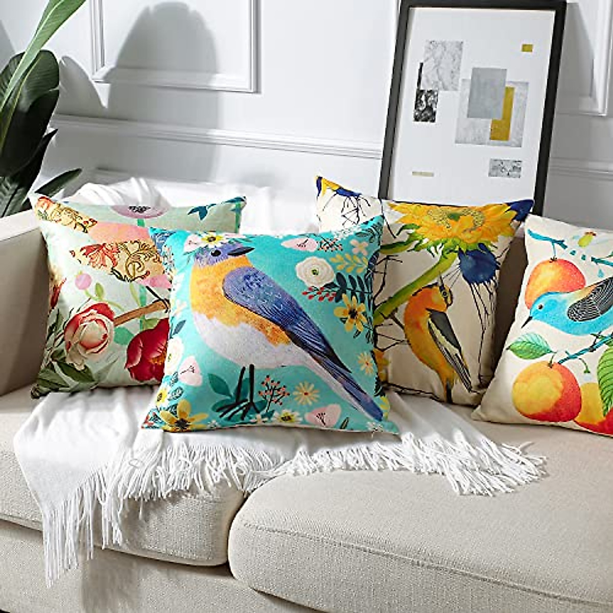 Artscope Set of 4 Decorative Throw Pillow Covers 18x18 Inches, Retro Flowers and Birds Waterproof Cushion Covers, Perfect to Outdoor Patio Garden Living Room Sofa Farmhouse Decor