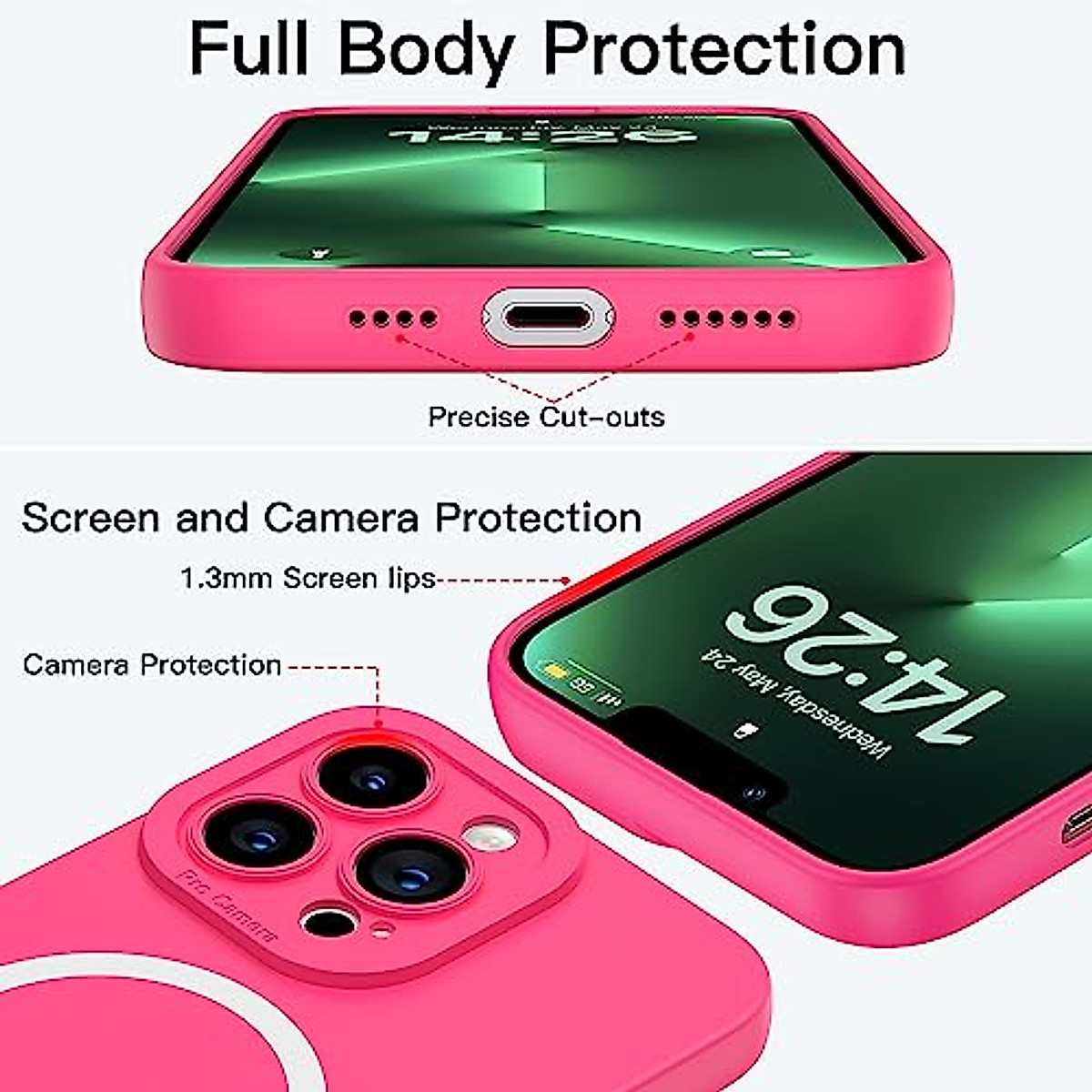 MYY Magnetic for iPhone 13 Pro Max Case,Silicone Shockproof Phone Case[MagSafe-Compatible] Soft Anti-Scratch Microfiber Lining Full Camera Lens Protection Cover 6.7'' (Hot Pink)