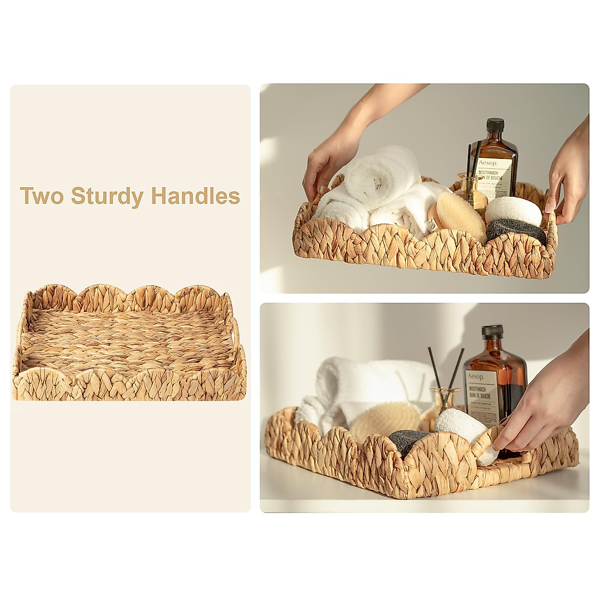 StorageWorks Scalloped Tray, Wicker Tray with Handles, Woven Square Rattan Tray, Scallop Basket Table Décor Trays, Water Hyacinth Rattan Serving Tray for Ottoman Decorative and Organizer Trays