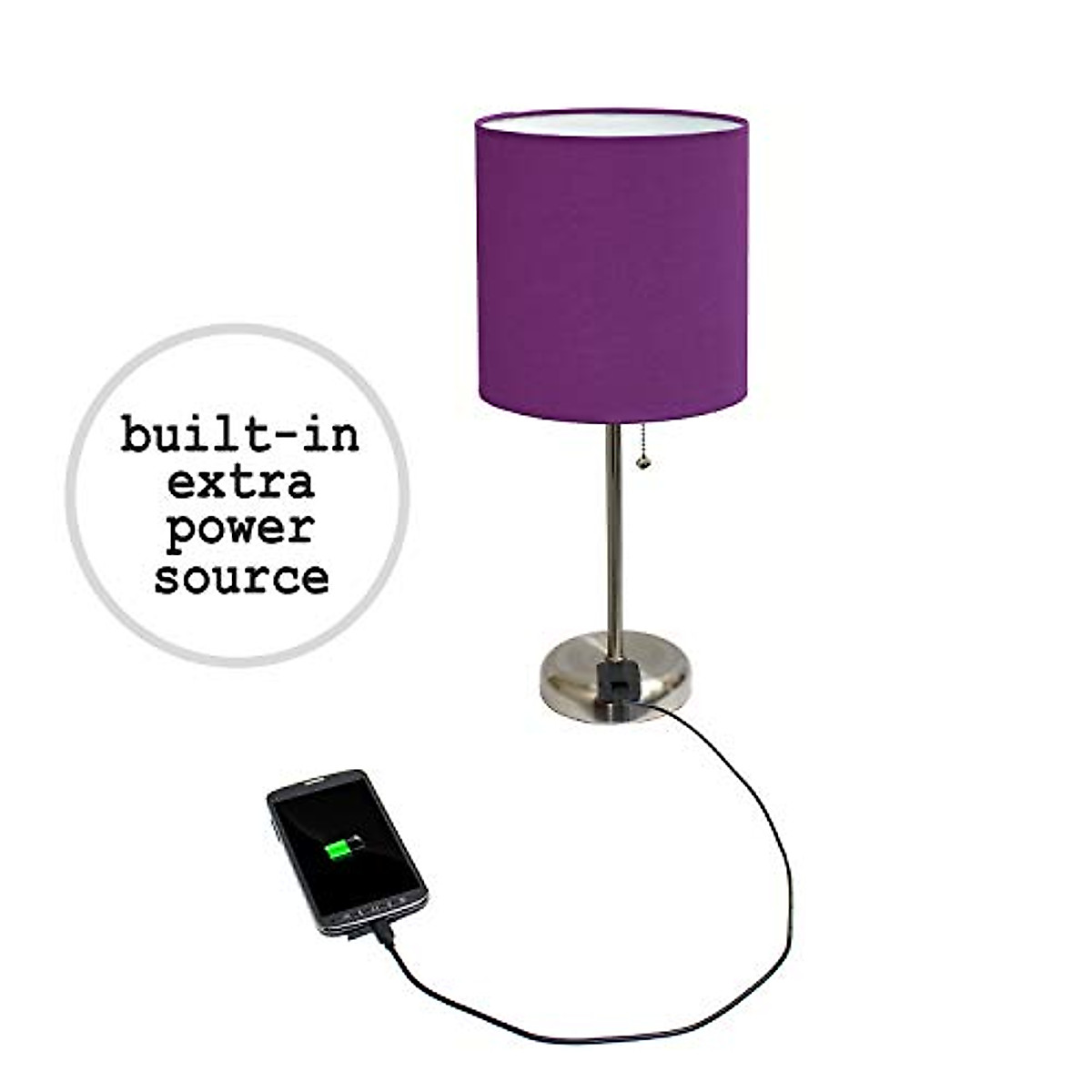 Limelights LC2001-PRP-2PK Brushed Steel Stick Lamp with Charging Outlet and Purple Fabric Shade 2 Pack Table Desk Lamp Set