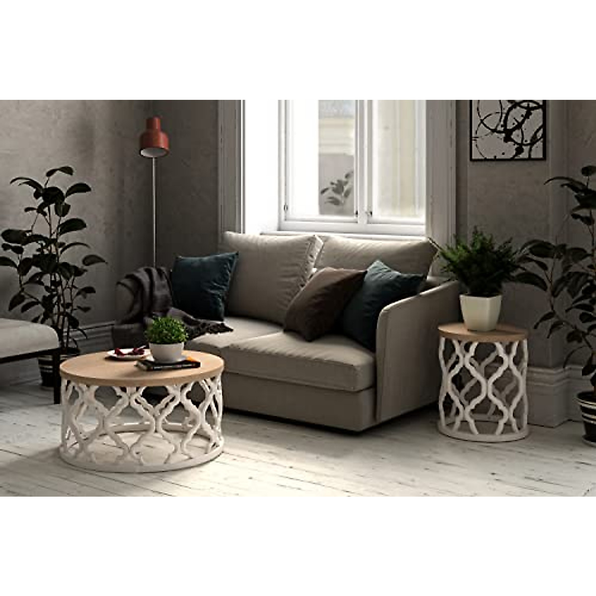 COZAYH Rustic Farmhouse Coffee Table, Distressed Wood Top Table with Curved Motif Frame Base for Boho, French Country Decor, Round, White, 30Dx30Wx16H in