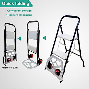 LEADALLWAY Hand Truck 2 Step Ladder Multifunction 2-in-1 Collapsible Dolly