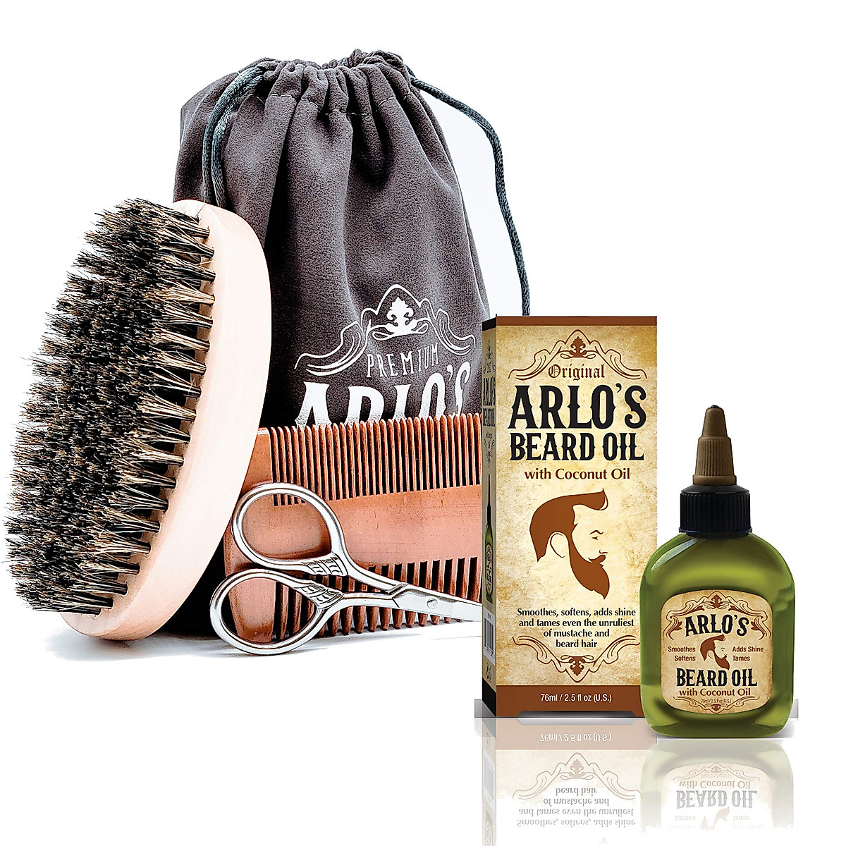 Arlo's 5-PC Mens Premium Beard Grooming Kit w/Coconut Beard Oil 2.5oz Beard Oil, Beard Brush, Beard Comb, Beard Scissors & Carry Bag