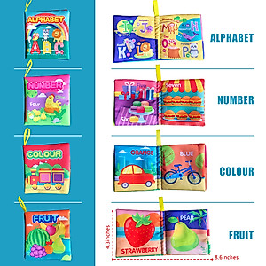 AMINFUN Soft Cloth Baby Book Toy 0-6 Months, Baby Learning Book(ABC-Z,1-10,Colour,Fruit,4 Pack),Touch and Feel Crinkle Book Infants 6-18 Months,Early Educational Toy 0-3, Gift for Babies Infants