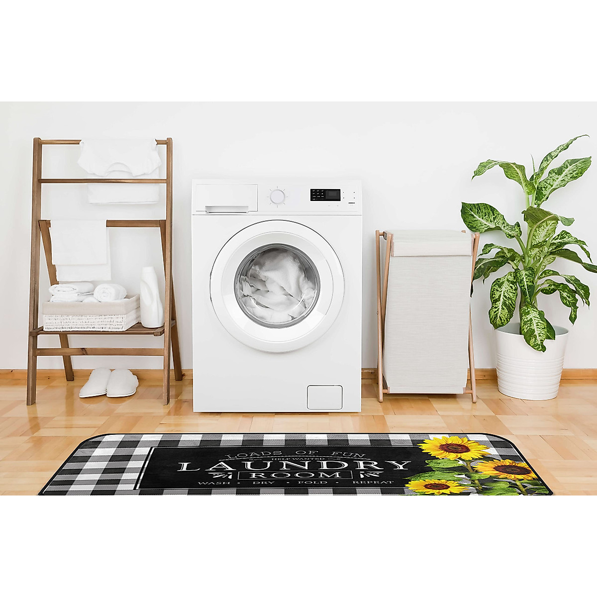 Black White Buffalo Plaid Laundry Room Rugs Sunflower Non Slip Laundry Mats Farmhouse Kitchen Floor Mat Bathroom Laundry Room Decor Accessories 39" X 20"
