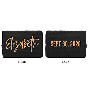 WEDDINGSTAR Women's Customizable Cotton Waffle Makeup Bag - Script Font Black