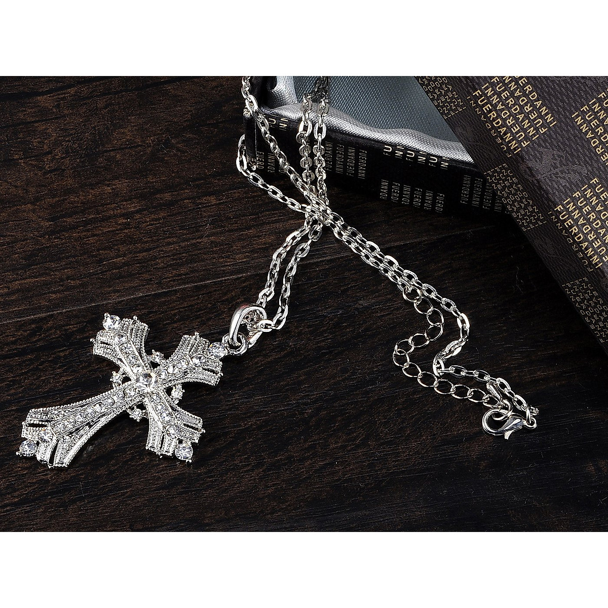 Alilang Silvery Tone Religious Cross Pendant Necklace Clear Crystal Rhinestones,Silver Clear