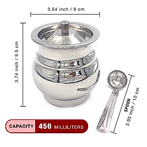 EarthVision Stainless Steel Ghee storage pot set with lid and spoon, Clarified Butter storage pot, Ghee container, Oil Keeper, Oil container with lid for pooja Oil storage pot 15.21 Oz