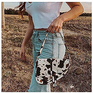 Women Cow Print Saddle Shoulder Bag Clutch Purse Underarm Handbag Satchel Zipper Crossbody Bag