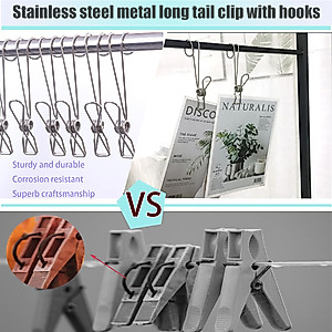 24Pcs Stainless Steel Metal Long Tail Clip with Hooks，Clips for Hanging- Ideal for Closet, Kitchen, Bathroom - Hang Photos, Cards, Stockings - Rust-304 Stainless Steel Clothes Pins