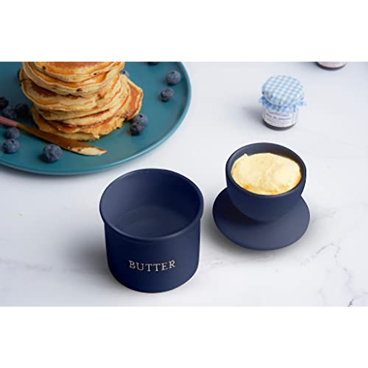 Kook Butter Keeper Dish, French Ceramic Crock with Lid, Embossed Container, For Soft Butter (Matte Navy)