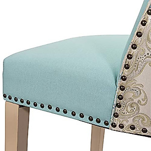 Barton 2-Pcs Parson Curved High-Back Dining Chair Armless Nailhead Trim Cushion Seat Back Ring Pull, Blue/Gold