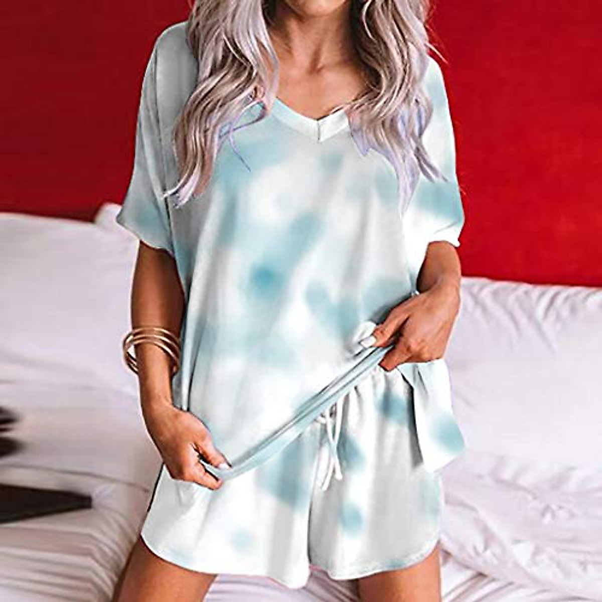Pottseth Night Shirt For Women Plus Size Tie Dye Printed Casual Outfit Short Lounge Set and Long Pajamas Set Short Sleepwear Loungewear Nightwear Green