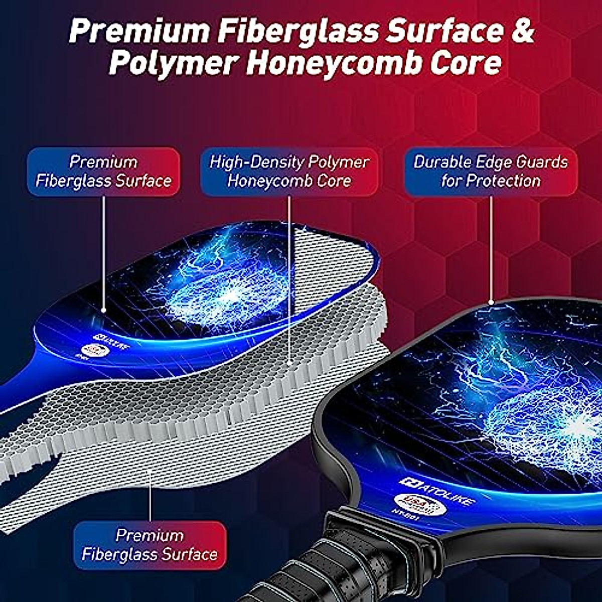 NATOLIKE Pickleball Paddles, USAPA Approved Lightweight Pickleball Paddles Set of 4, Fiberglass Surface & Polypropylene Core Pickleball Set, 4 Pickleball Rackets, 4 Balls, 4 Cooling Towels & Carry Bag