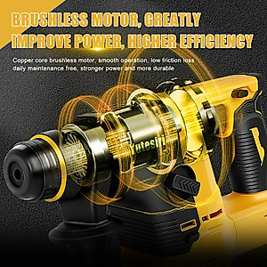 Yutesiri Rotary Hammer Drill for Dewalt 20V MAX Battery, Brushless Cordless with Safety Clutch for Concrete/Masonry,1400 RPM,2 Application Modes with 360°Auxiliary Handle, Including 4 Drill Bits