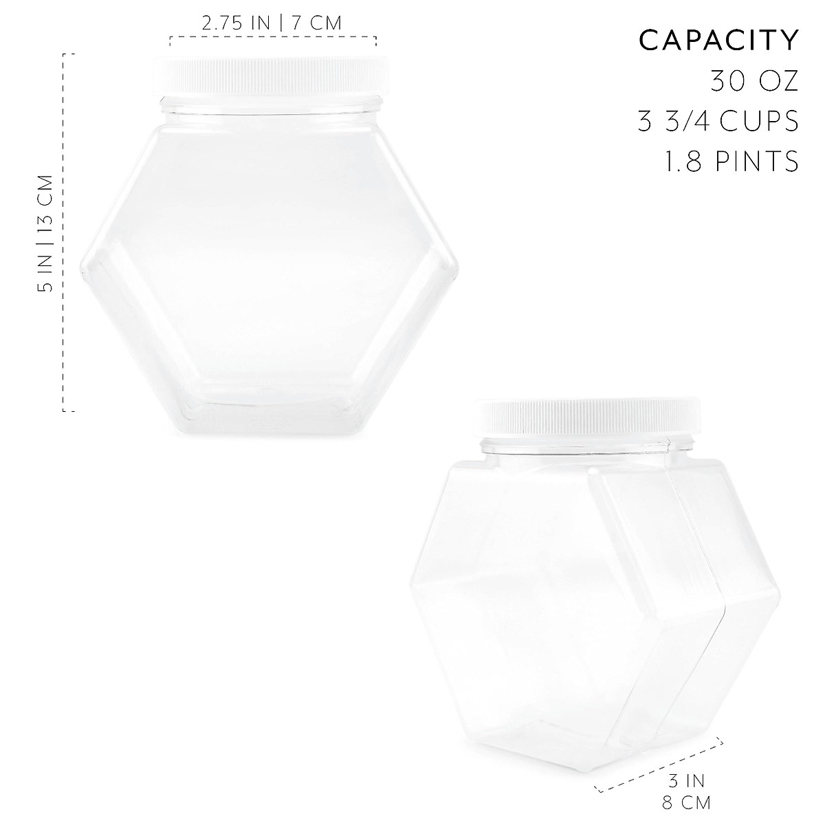 Cornucopia Plastic Hexagon Shaped Jars (4-Pack, 30oz); Value Pack of Containers for Snacks, Gifts and Storage, 2 1/2 Cup Capacity, 5 x 5 x 3 Inches