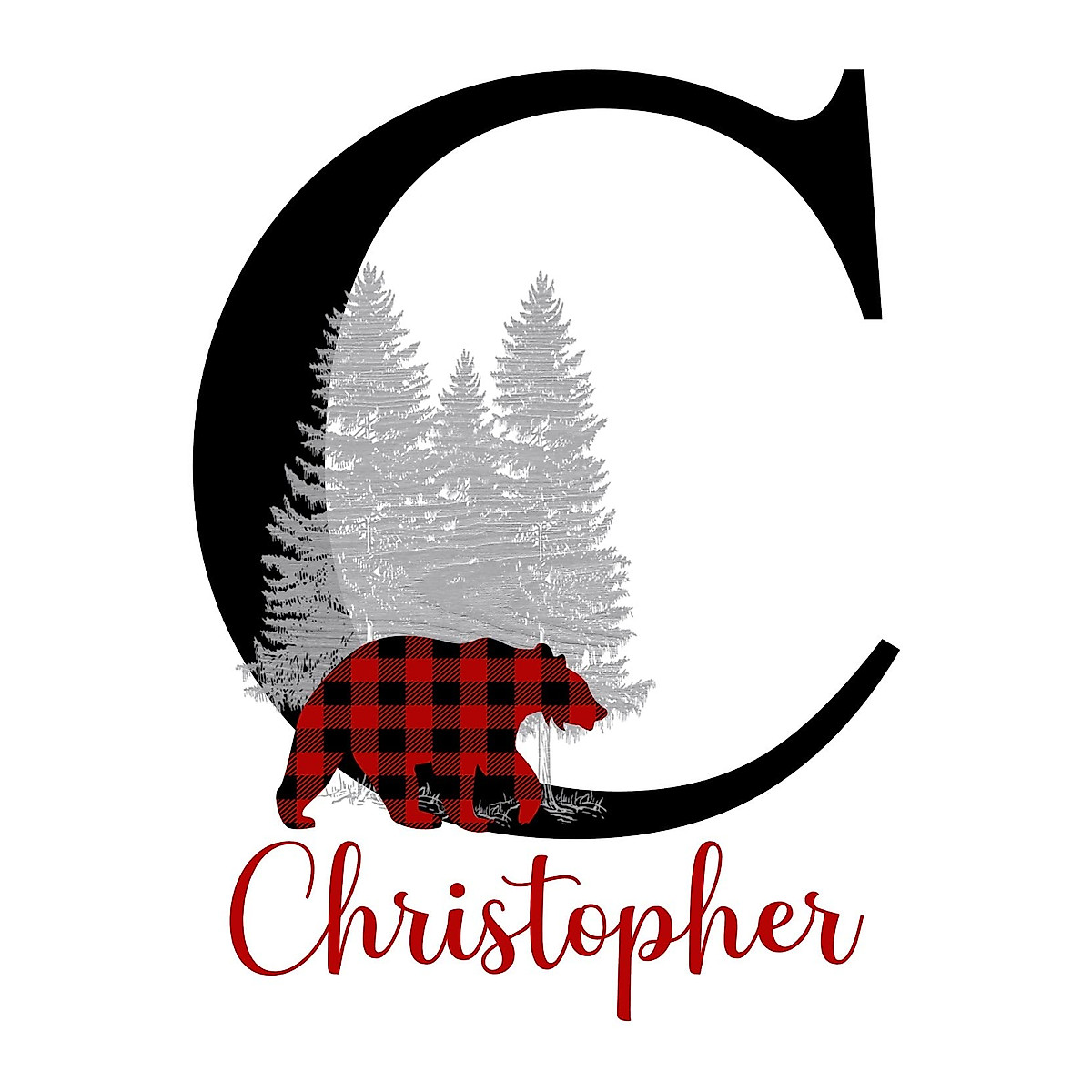 Personalized Woodland Bear Buffalo Plaid Baby Boy Nursery Decor Unframed Print - Baby Name Letter Initial Monogram