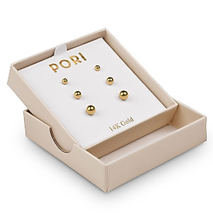 PORI JEWELERS 14K Solid Gold Ball Stud Earrings (3-Pair-Pack) 3MM 4MM and 5MM… Choose a Color (Yellow)