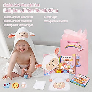 My First Noahs Ark 7 pcs Baptism Gift Set, Dedication, Christening and Baptism Gifts for Girl and Newborn Baby, Includes Bamboo Washcloth and Hooded Towel, Baby Bath Book, 3 Bath Toys and Gift Bag