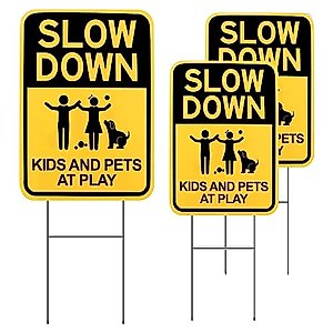 Eyoloty Slow Down Sign with H Stake,16"x12" Kids & Pets at Play Sign for Street Neighborhoods,Double Sided Children Playing Safety Sign,Waterproof,Fade Resistant,Kids Playing Sign for Street 3 Pack