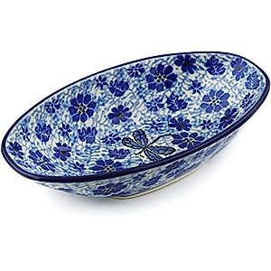 Authentic Polish Pottery 6¾-inch Oval Bowl made by Ceramika Artystyczna (Misty Dragonfly Theme) + Certificate of Authenticity
