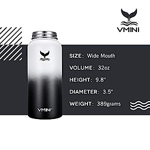 Vmini Water Bottle with New Wide Handle Straw Lid, Wide Mouth Vacuum Insulated 18/8 Stainless Steel, 32 oz, Gradient White + Black