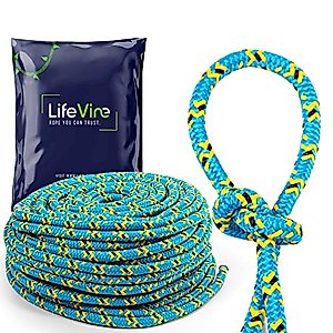 Arborist Tree Rope, Bull Rope, Static Rope, Tree Rope, 18KN, 16 Strand, 1/2 Inch Diameter, 150 Foot, Double Braided, Blue, Black, & Yellow