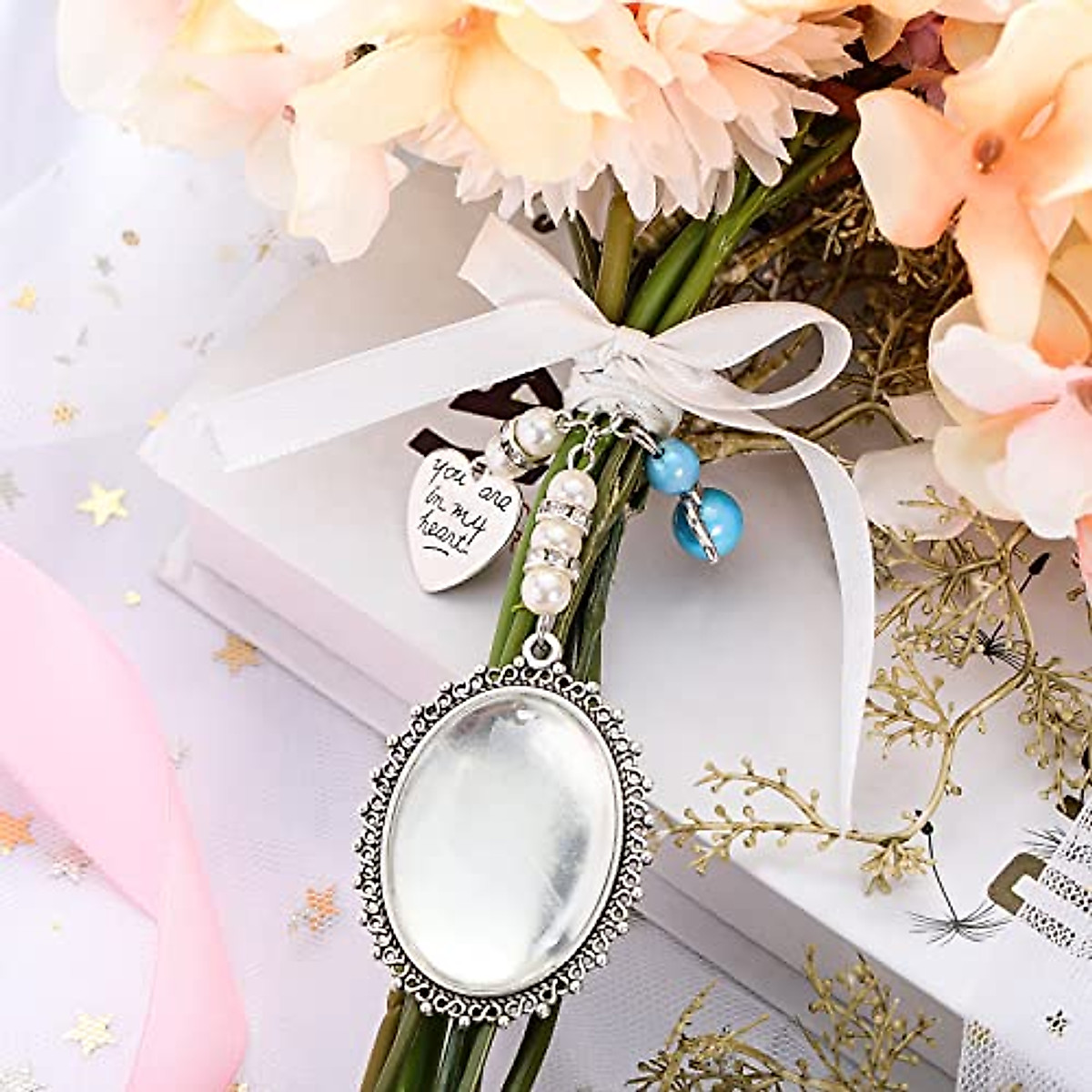 Wedding Bouquet Charm Bouquet Charms for Wedding Memory Bridal Lacy Oval Bridal Charm Bride Angel Charm Memorial Photo Charm You Are Always in My Heart Charm for Bridal Party (Single Pendant Style)