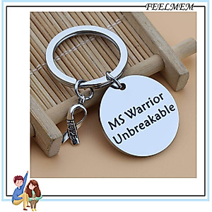 FEELMEM MS Awareness Jewelry Ms Warrior Unbreakable Keychain Multiple Sclerosis Awareness Gift Cancer Fighter Gift MS Survivor Inspirational Hope Gifts (silver)