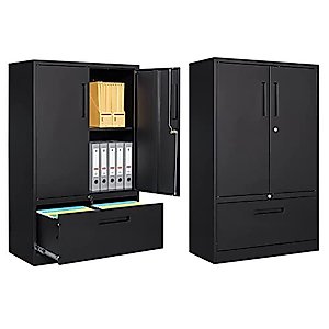 PEUKC Metal File Cabinet with Drawer, Lockable Vertical Lateral Filing Storage Cabinet, File Cabinet with Storage Cabinet for Home Office, Legal/Letter/A4 Size Steel File Storage Cabinet, Black