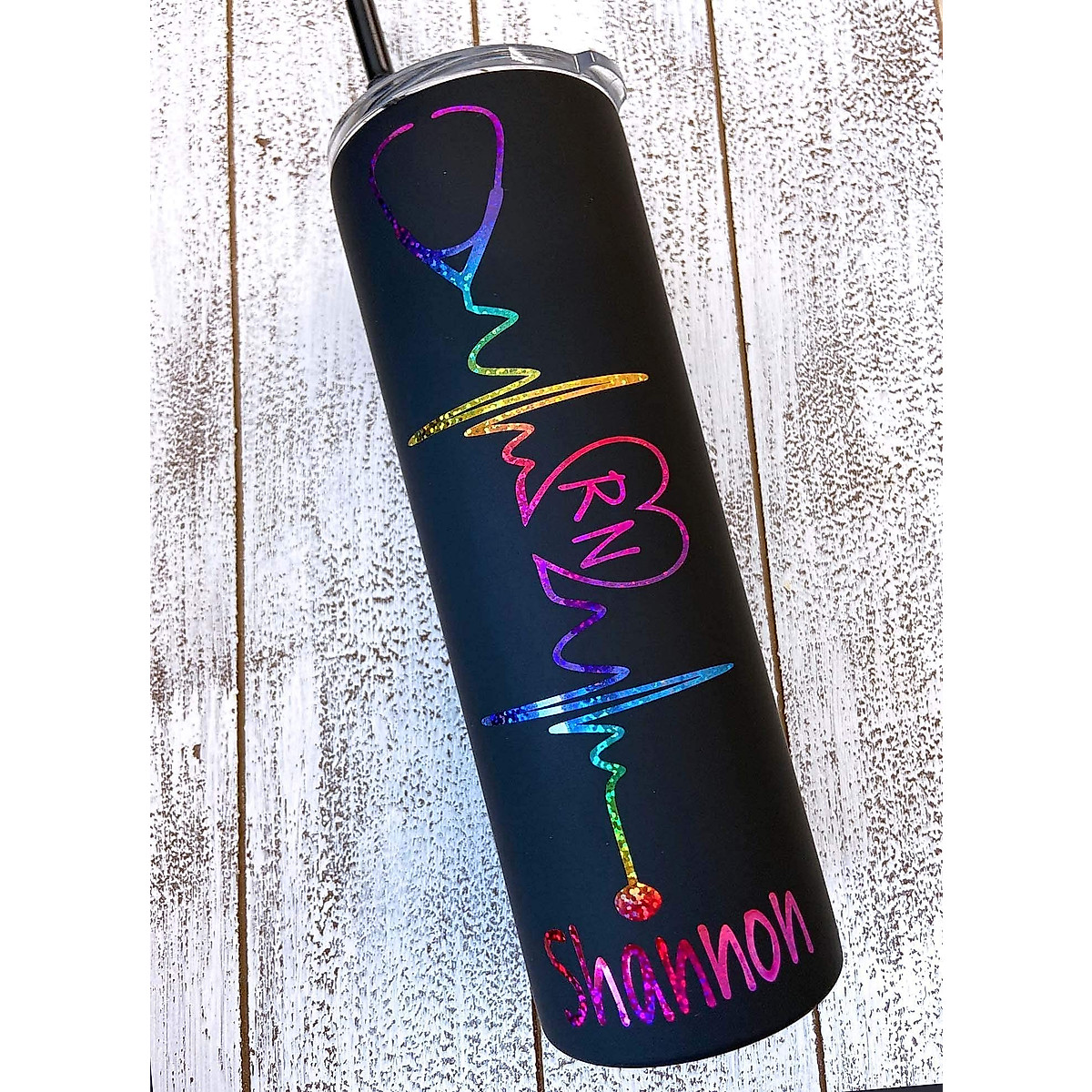 Heartbeat Nurse's Personalized 20 oz Stainless Steel Skinny Tumbler with Custom Stethoscope Vinyl Decal by Avito - Includes Straw and Lid - Nurse RN,CNA - Nurse Gift
