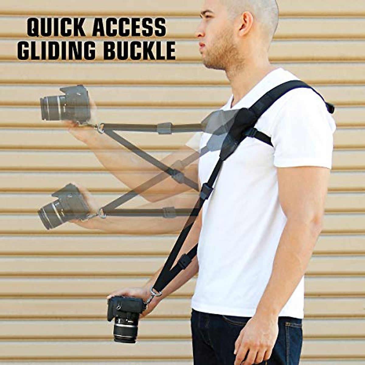 USA GEAR Camera Sling Shoulder Strap with Adjustable Neoprene, Safety Tether, Accessory Pocket, Quick Release Buckle - Compatible with Canon, Nikon, Sony and More DSLR and Mirrorless Cameras (Black)