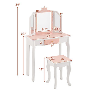 Kids Vanity Table & Stool Set, Girls Vanity Set with Detachable Tri-Folding Mirror and Drawer, 2 in 1 Princess Makeup Dressing Table and Writing Desk for Girls, Kids Age 3-8 (Pink)