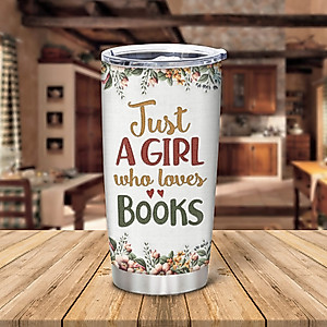 Hyturtle Personalized Printed Book Tumbler - Birthday Gifts For Book Lover - Book Lover Gifts for Women - Just A Girl Who Loves Books Custom Name 20oz Vacuum Insulated Stainless Steel Tumbler