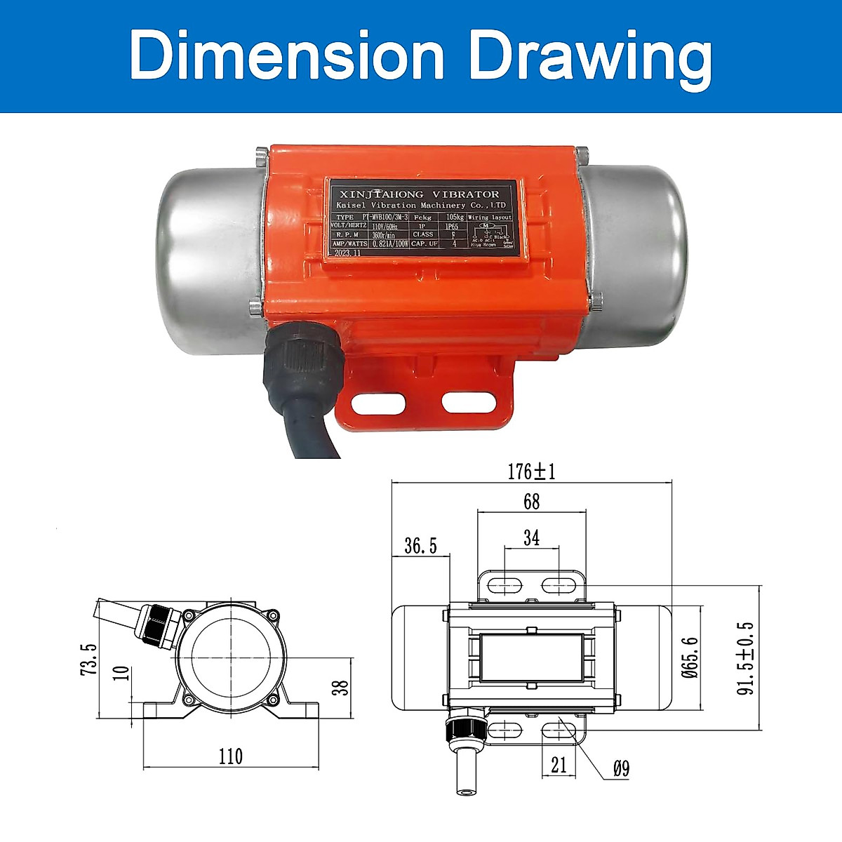 XINJIAHONG Concrete Vibrator 30W Vibration Motor Single Phase AC 110V 3600rpm Vibrating Tool For Silo Hopper Shaking Table