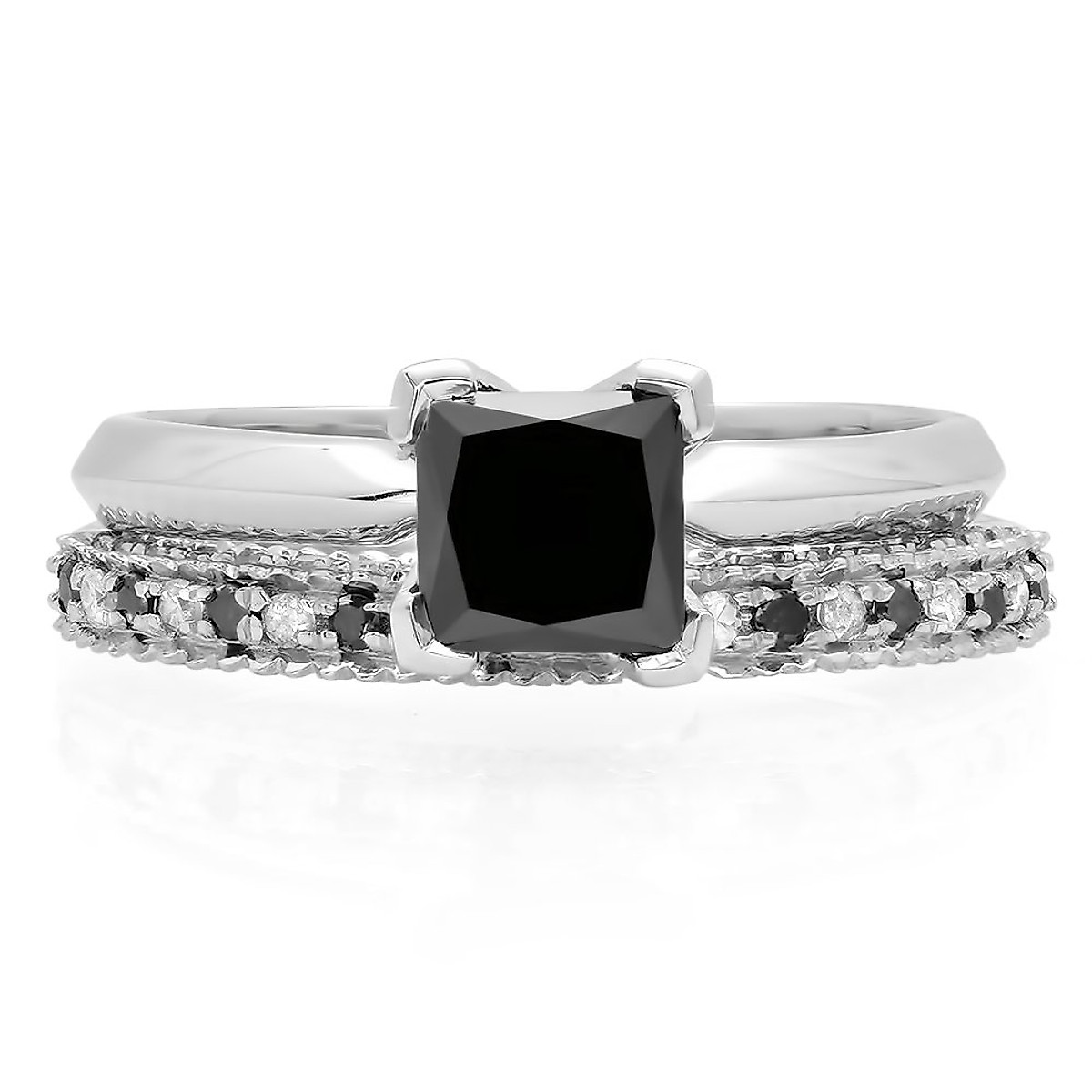 Dazzlingrock Collection 1.50 Carat Princess, Round Black & White Diamond Wedding Ring Set in 10K Solid White Gold Size 7