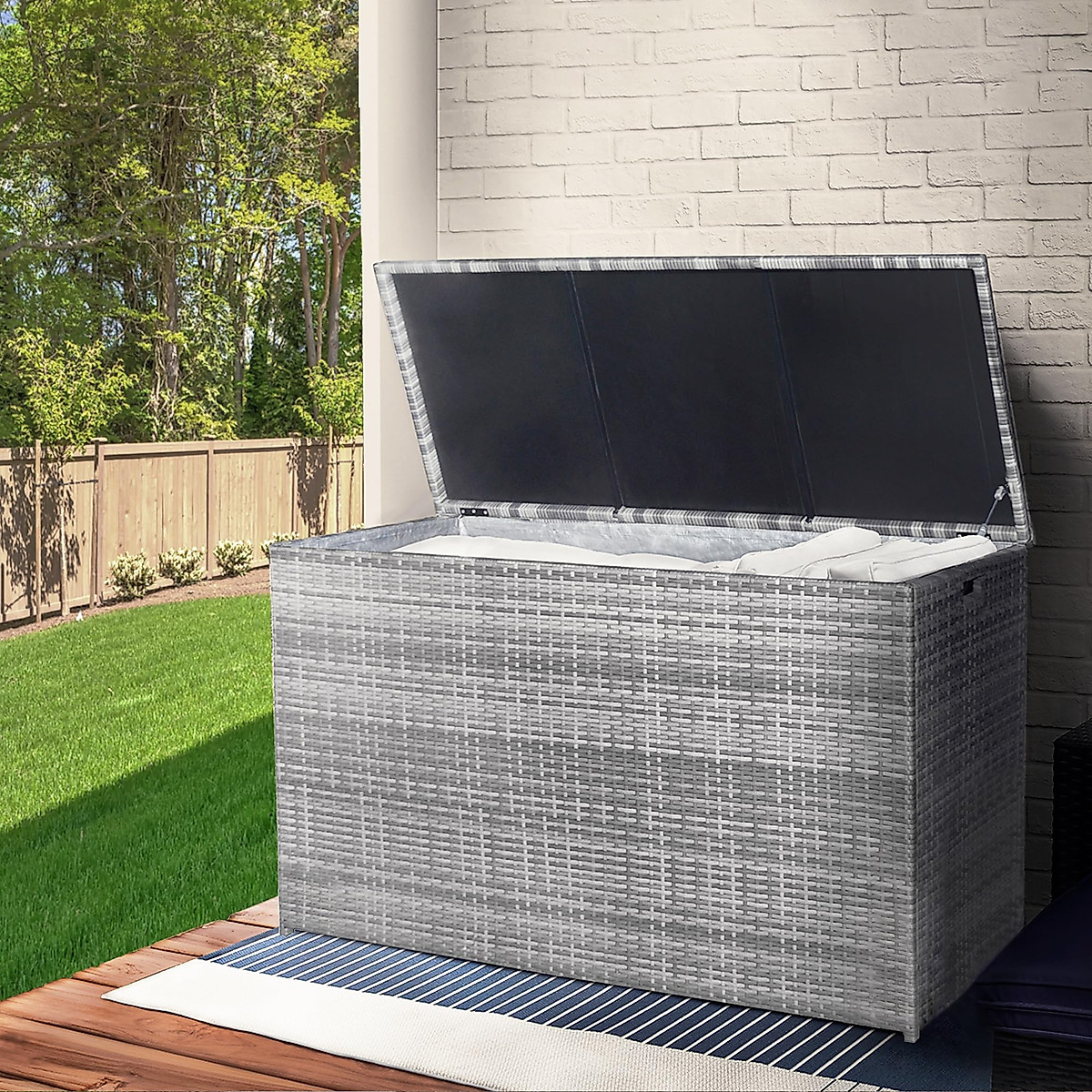 Teamson Home 154 Gallon Lined Weather Resistant Outdoor Rattan Wicker Patio Deck Storage Box with Soft Close Hinges for Patio Furniture Cushions or Pool Accessories, Gray