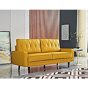 Container Furniture Direct Modern Style Faux Leather Sofa with Elegant Round Tapered Legs and Button Tufted Backrest Perfect for Living Room, Bedroom or Home Office, 69.3’’ Wide, Musterd Yellow