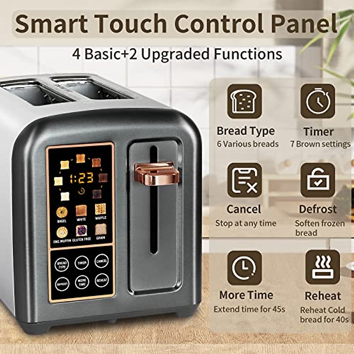 SEEDEEM Toaster 2 Slice, Stainless Steel Bread Toaster with LCD Display and Touch Buttons, 50% Faster Heating Speed, 6 Bread Selection, 7 Shade Settings, 1.5''Wide Slots Toaster with Cancel/Defrost/Reheat Functions, Removable Crumb Tray, 1350W, Dark Metal