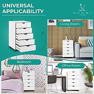 Naomi Home 5 Drawer Dresser for Bedroom, Stylish Tall Dressers with Wheels, Storage Shelves, Small Dresser for Closet, Makeup Dresser with 180 lbs Capacity - White