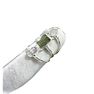 Natural Crystal & Moldavite Gemstone Ring, 925 Sterling Silver Ring, Raw Moldavite Ring, Handmade Ring, Shungite Ring, Birthstone Ring, Statement Ring, Gift for Mom, Rough Gemstone Ring, White
