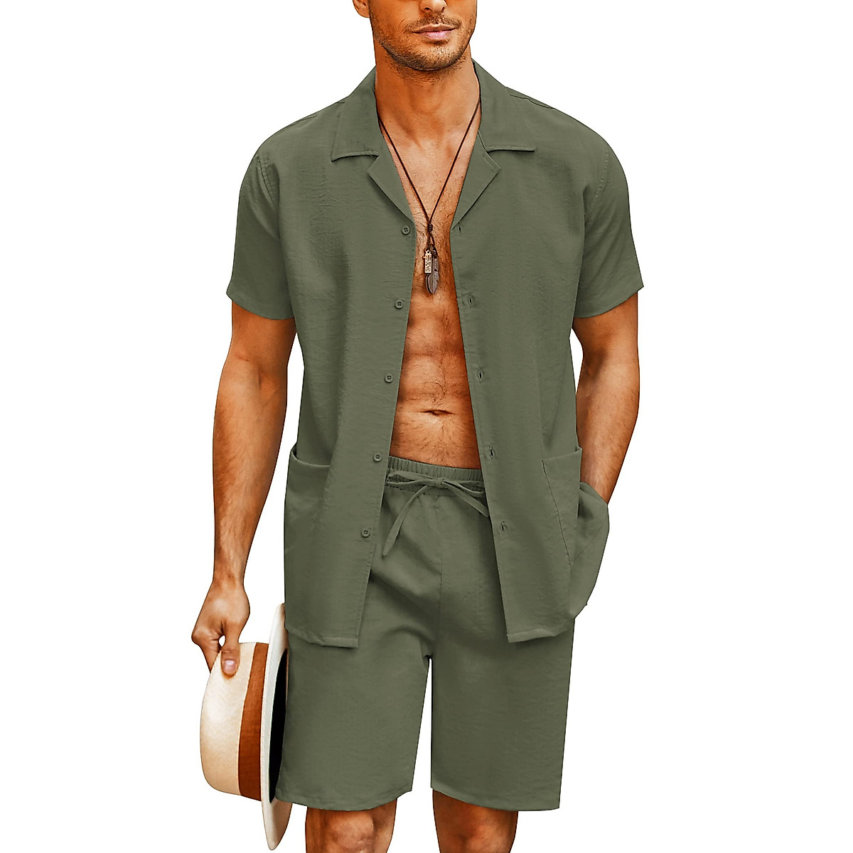 COOFANDY Men's Linen Beach Shirts Casual Hippie Holiday T-Shirts Shorts Outfits Button Down Hawaiian Outfits 2 Piece